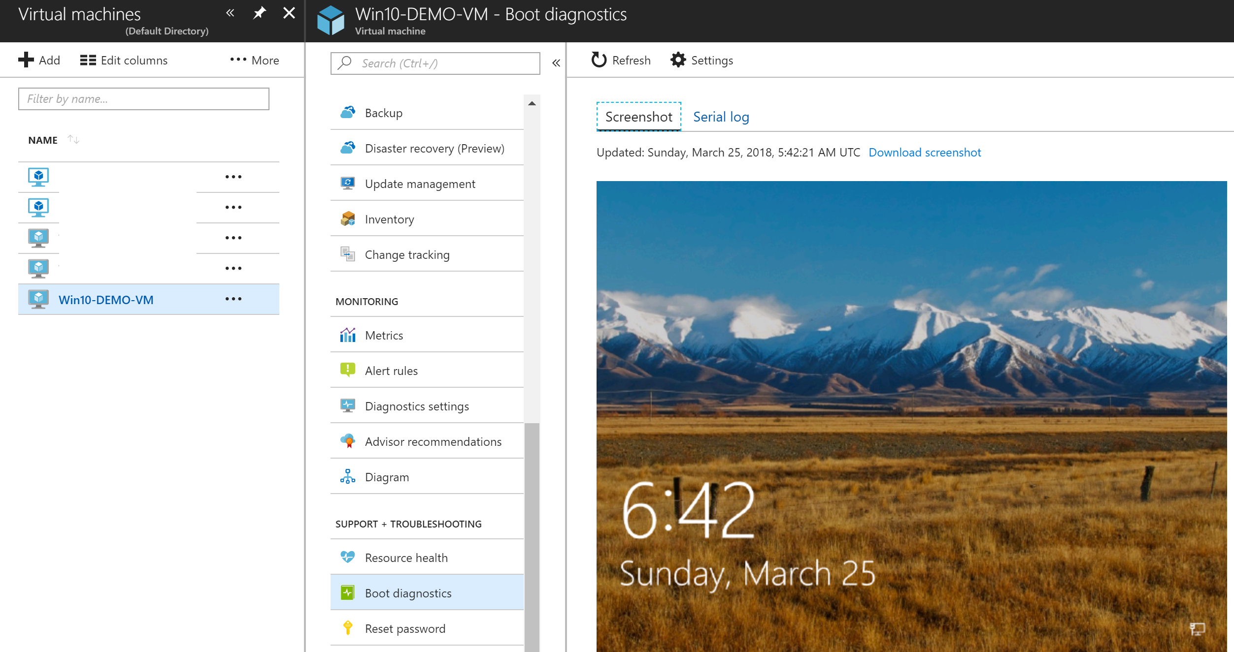 Use Boot Diagnostics to see what your Azure VM is doing at boot time ...
