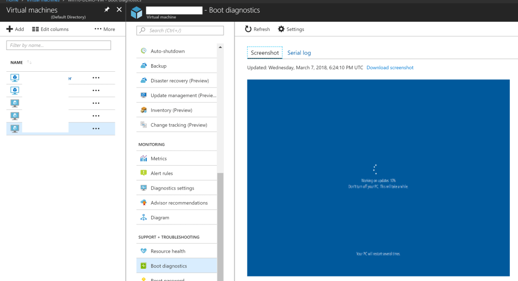 Use Boot Diagnostics to see what your Azure VM is doing at boot time ...